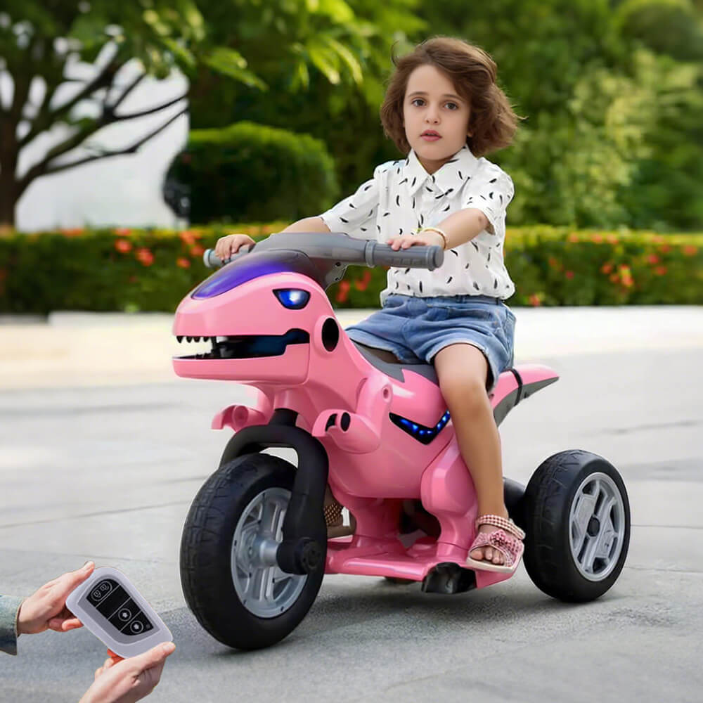 Toddler 12V Ride on Motorcycle with Remote Dinosaur Soft Start Car Blu ...