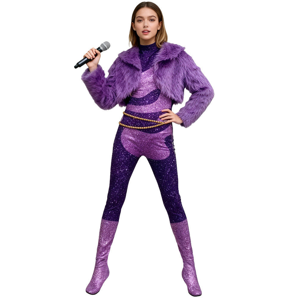 Pop Star Performance Costume Purple Sparkling Sequin Jumpsuit and Faux ...