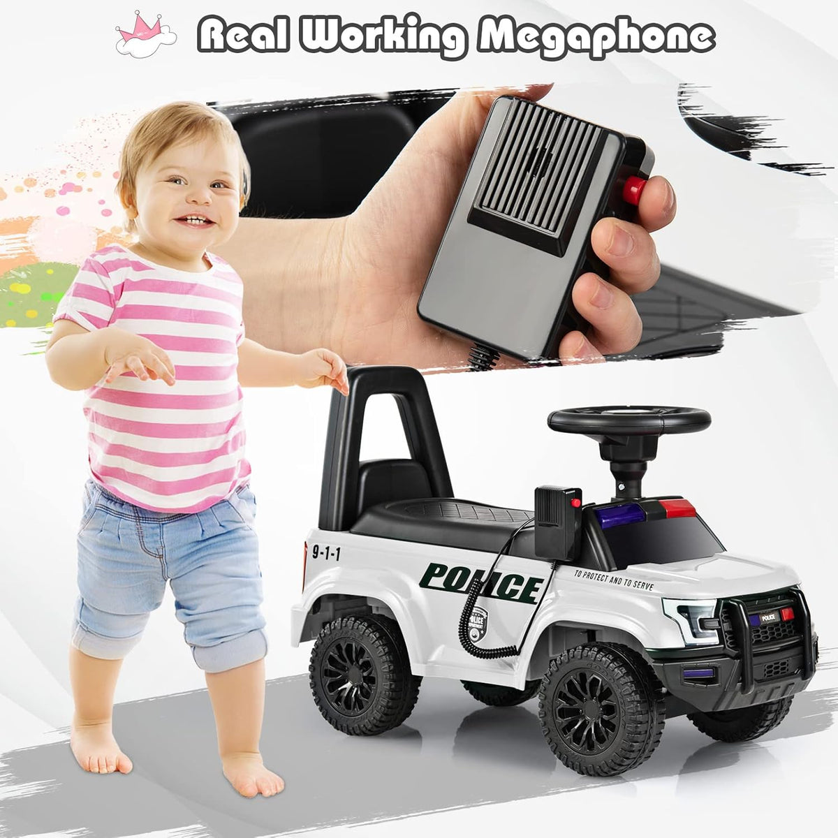 Toddler Ride On Car Police Push Car Foot-to-Floor Sliding Toy with Lig ...