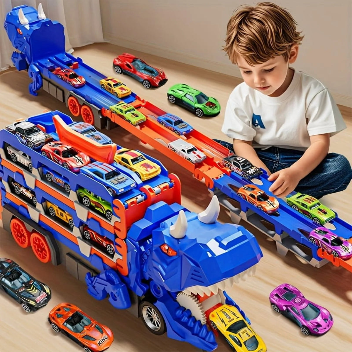 3in1 Dinosaur Race Track Toys with 12 Alloy Cars Transforming Sliding ...