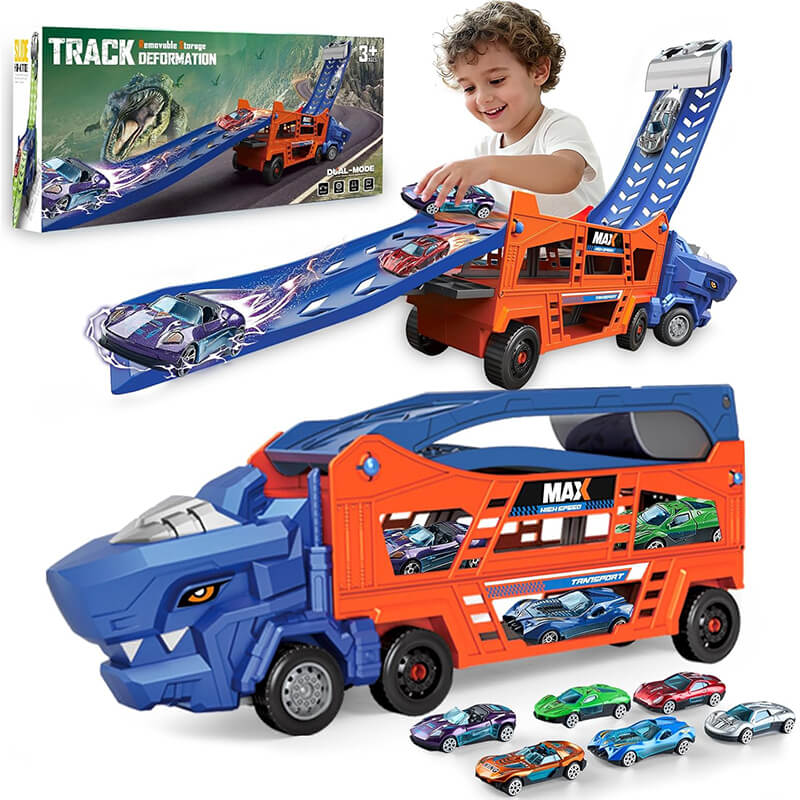 Kids 3 in 1 Dinosaur Truck Toys Foldable Race Tracks Car with 6 Alloy ...