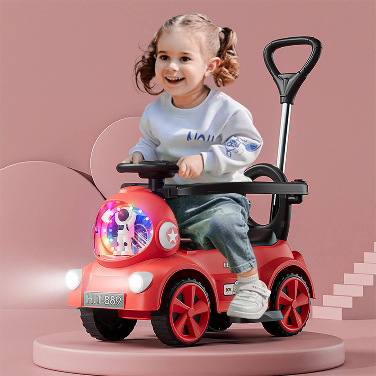 6V Kids Electric Ride On Car Adjustable Push Bar 3-IN-1 Push Car with ...