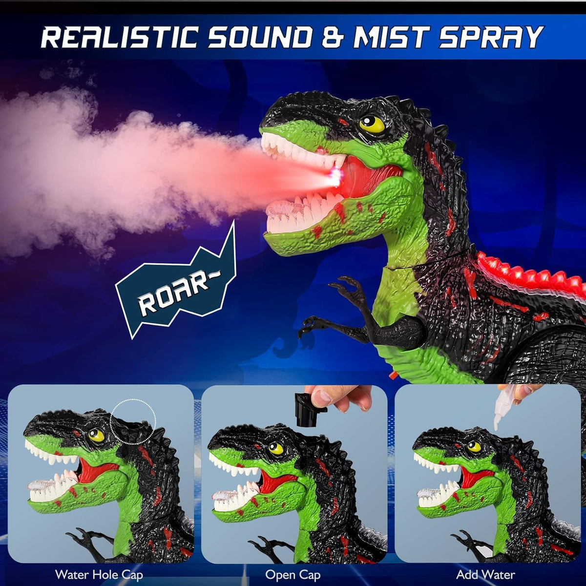 2.4G RC Dinosaur 360° Rotation Spray T-Rex with LED Light Up Realistic ...
