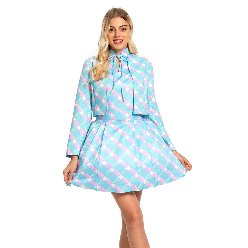 Movie Plaid Blue Dress Margot Robbie Cosplay Costume Party Vacation Ha ...