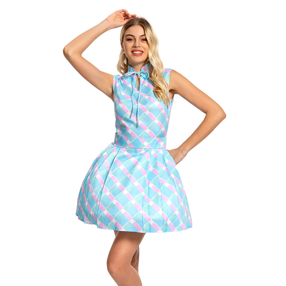 Movie Plaid Blue Dress Margot Robbie Cosplay Costume Party Vacation Ha ...