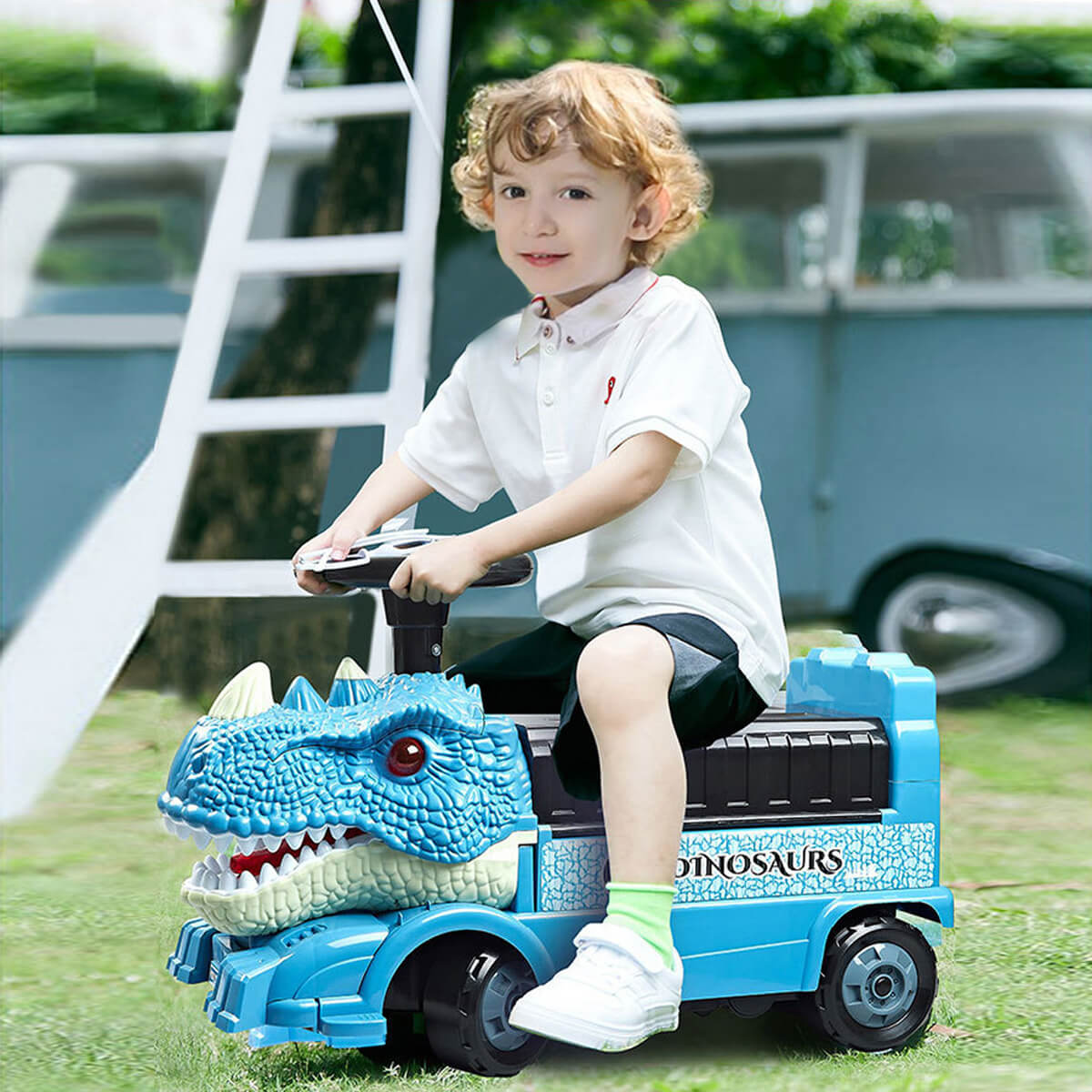 Kids Ride On Dinosaur Car Transformable Parking Lot With Music Story F ...