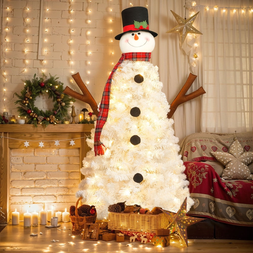 4ft Snowman-Shaped Christmas Tree with 100 Warm Lights Artificial Xmas ...