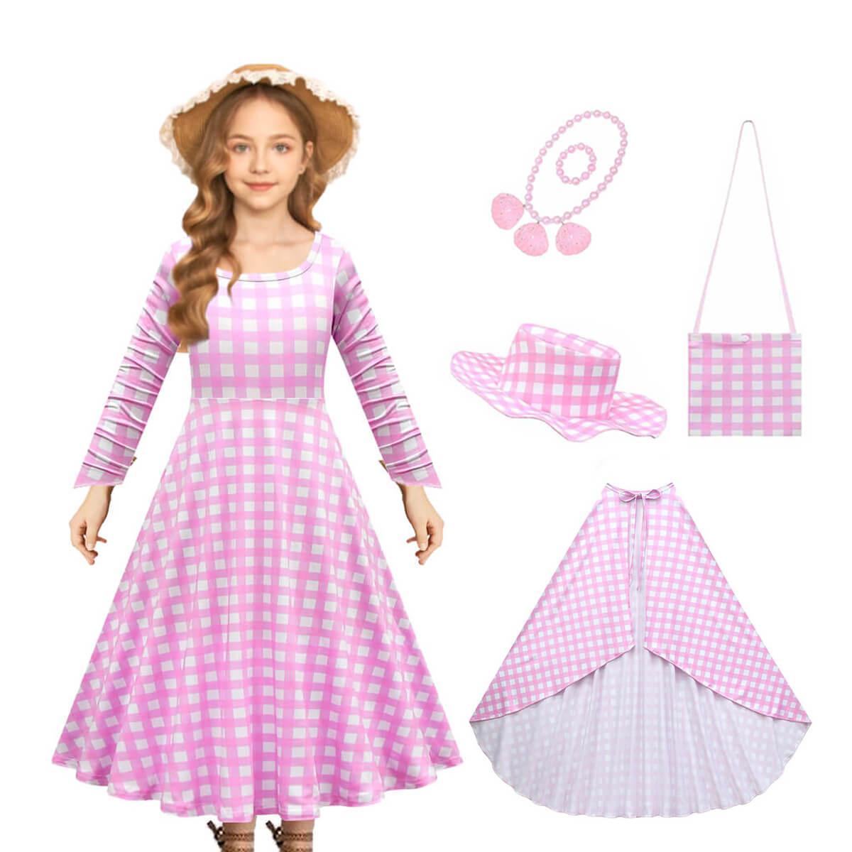 Girls Barbiecore Costume Pink Plaid Dress Long Sleeve Outfit with Hat ...