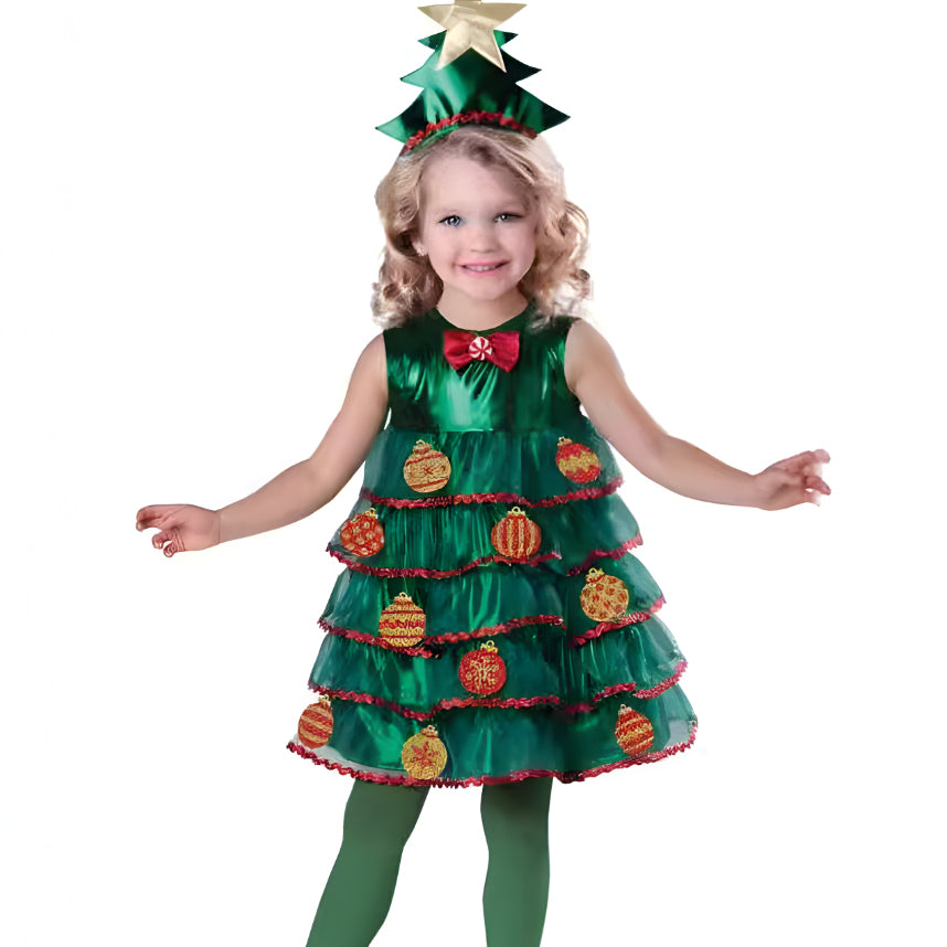 Girls Christmas Costume Xmas Tree Dress and Hat Green Outfit for Party ...
