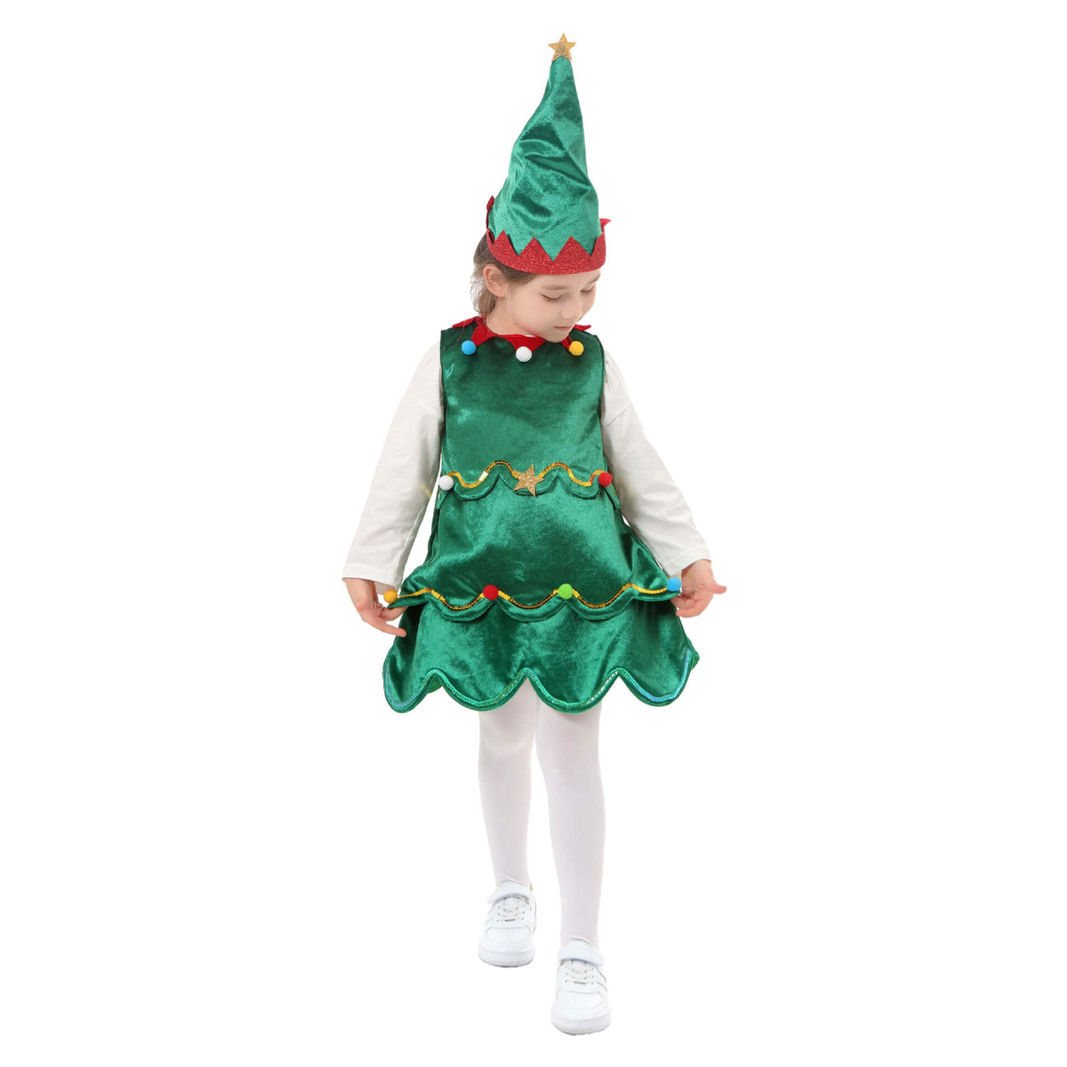 Kids Christmas Tree Costume Green Xmas Dress Hat and White Pantyhose f ...