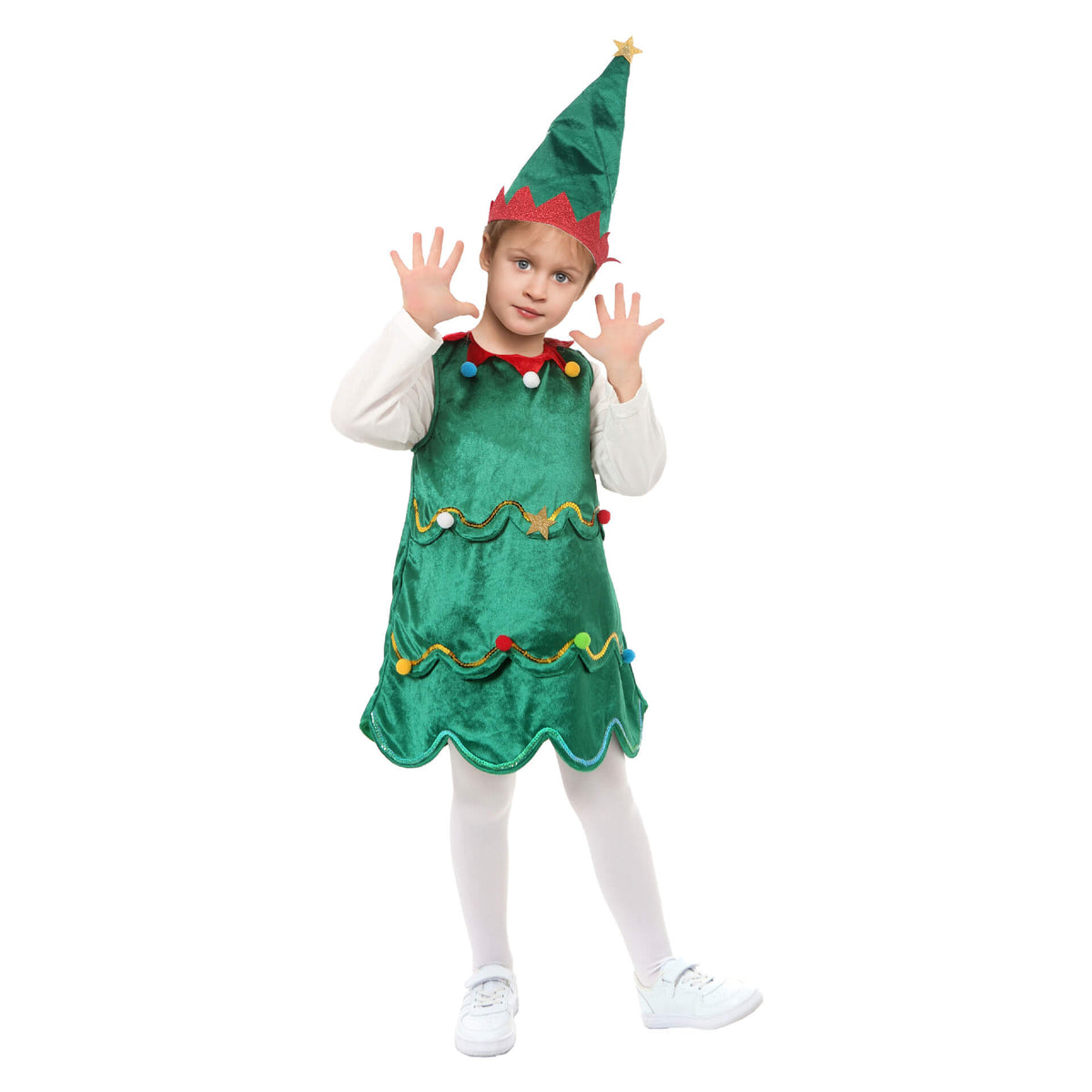 Kids Christmas Tree Costume Green Xmas Dress Hat and White Pantyhose f ...