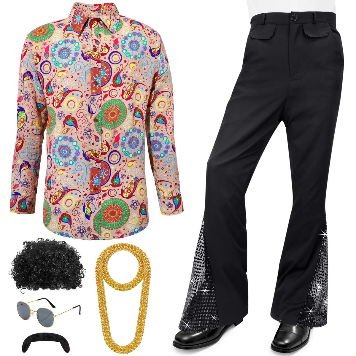 Mens Disco Outfit 70s Fashion Costume Bell-Bottoms Shirts Wig and Acce ...
