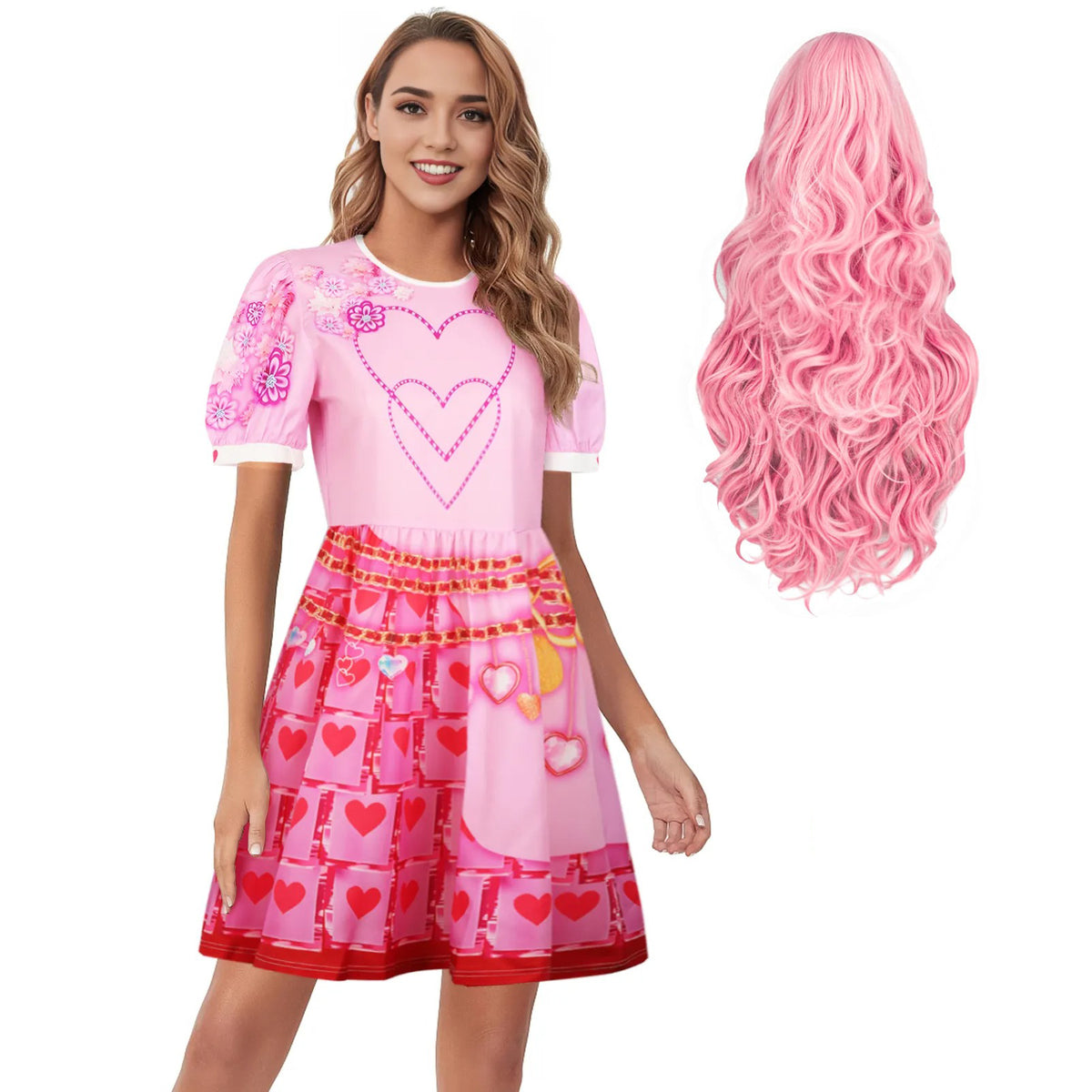Adults Queen of Hearts Costume Pink Princess Bridget Dress and Wig Out ...