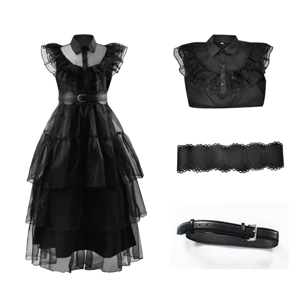 Wednesday Addams Costume Girls Wednesday Outfit Black Gothic Tulle Lace ...